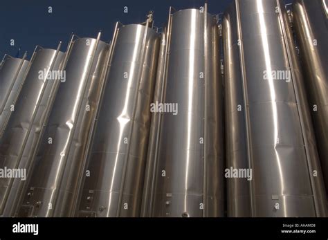Color Horizontal Image Of Stainless Steel Wine Fermentation Tanks At
