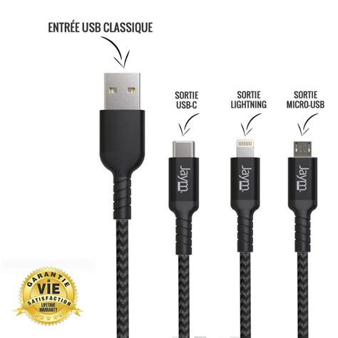 Cable Ultra RenforcÉ Triplug Usb Vers Lightning Micro Usb Type C 1