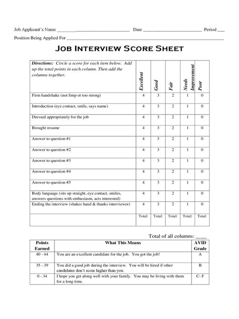 Printable Sample Interview Score Sheet Template Printable Templates Free