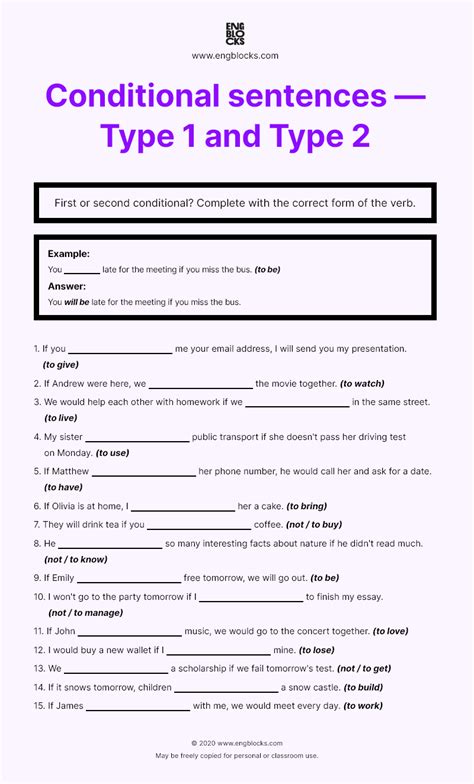 Conditional Sentences Type 1 And Type 2 Worksheet English Grammar