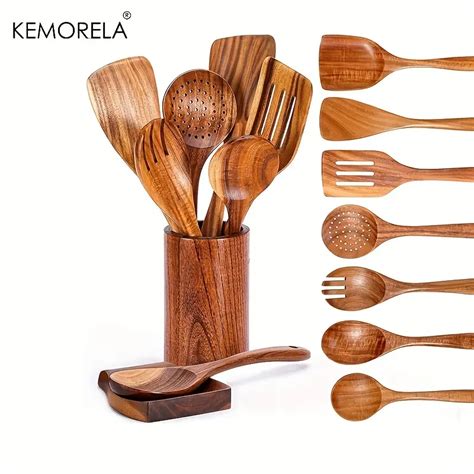 Cucharas Madera 9 Piezas Utensilios Madera Cocinar Soporte Temu Mexico