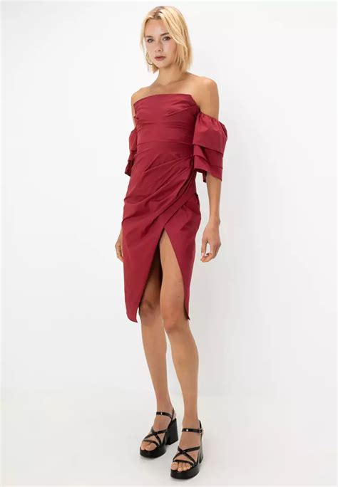 Buy Asos Design Bardot Sleeves Poplin Midi Dress Online Zalora Malaysia