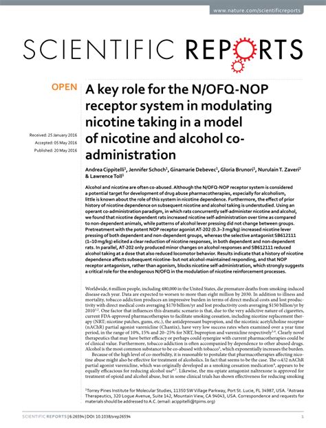Pdf A Key Role For The Nofq Nop Receptor System In Modulating Nicotine Taking In A Model Of