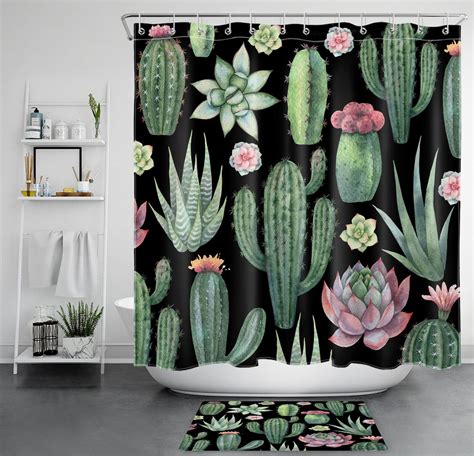 INPERCUST Exotic Desert Oasis Shower Curtain With Vibrant Green Cactus And Sleek Black Accents