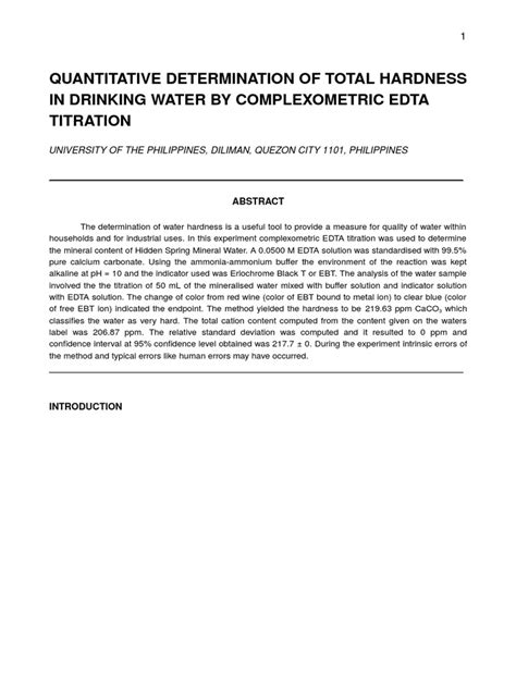 Quantitative Determination Of Total Hardness In Drinking Water By Complexometric Edta Titration