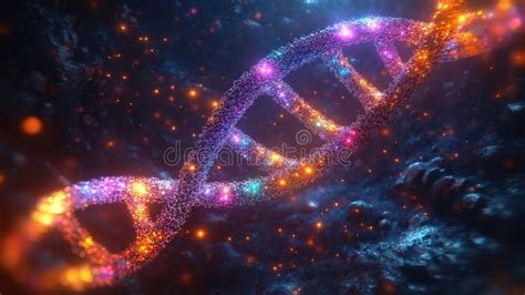 Vibrant Glowing Dna Helix Colorful Particles Form Double Helix Against Dark Cosmic Background