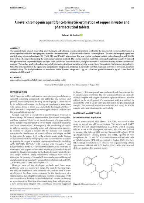Pdf A Novel Chromogenic Agent For Colorimetric Estimation Of Copper In Water And