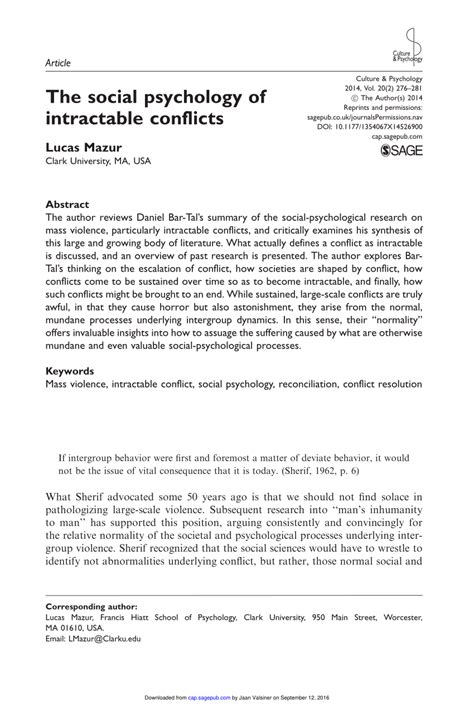 Pdf The Social Psychology Of Intractable Conflicts