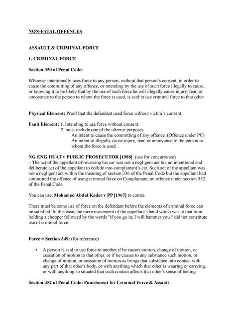 Non Fatal Offences Notes Non Fatal Offences Assault And Criminal