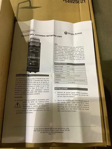 Maple Armor Fire Alarm Control Panel Xnu External Network Unit