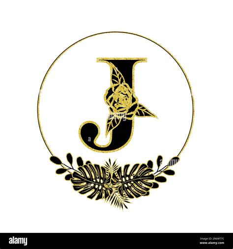 Floral Alphabet Letter J Gold Monogram Letter In Frame Botanical Alphabet Wedding Monogram