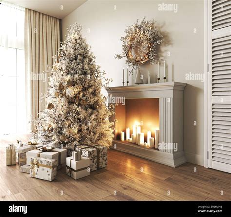 Contemporary Classic White Beige Livingroom With Fireplace Christmas