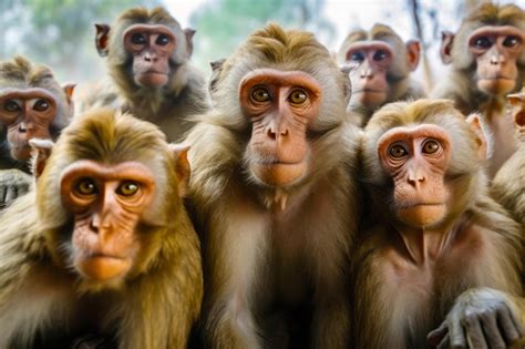 Premium Photo Group Of Monkeys Sitting Next To Each Other On Top Of