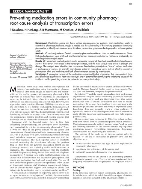 PDF Preventing Medication Errors In Community Pharmacy Root Cause Analysis Of Transcription