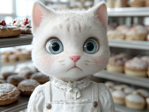 Adorable White Cat With Big Blue Eyes Wearing A Lace Collar Stock