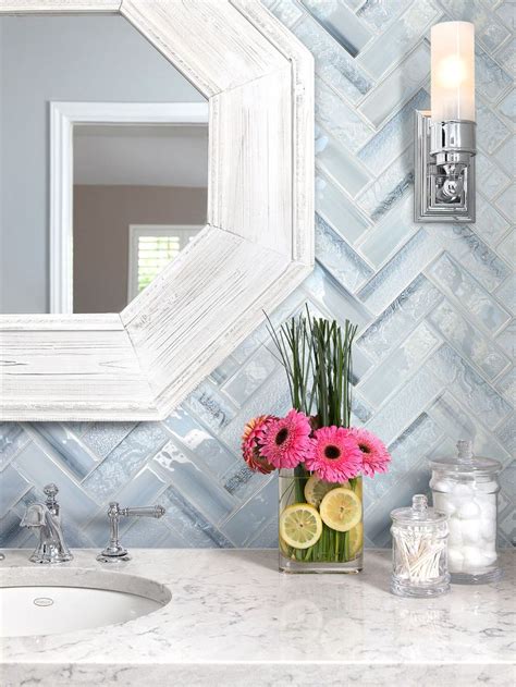 Blue Glass Large Herringbone Mosaic Backsplash Tile Modern Bathroom