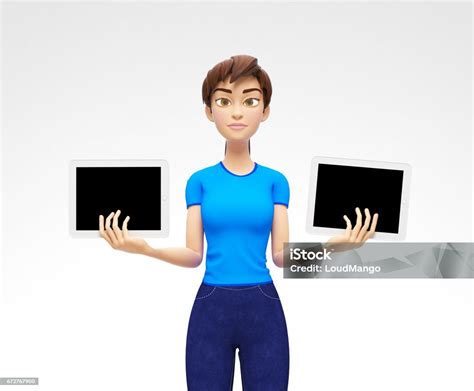 빈 화면 두 태블릿 장치 모형 심각한 제니3d 만화 여성 캐릭터 캐주얼 옷 배경에서 개최 3차원 형태에 대한 스톡 벡터 아트 및 기타 이미지 3차원 형태 T 셔츠