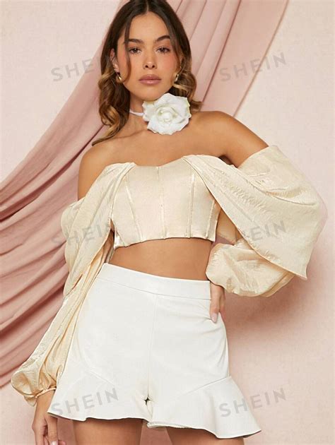 Berry Off Shoulder Lantern Sleeve Crop Top Shein