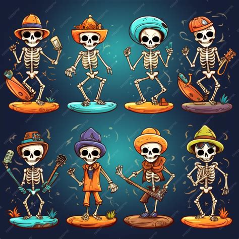 Premium Photo Cartoon Skeleton Characters In Different Poses With