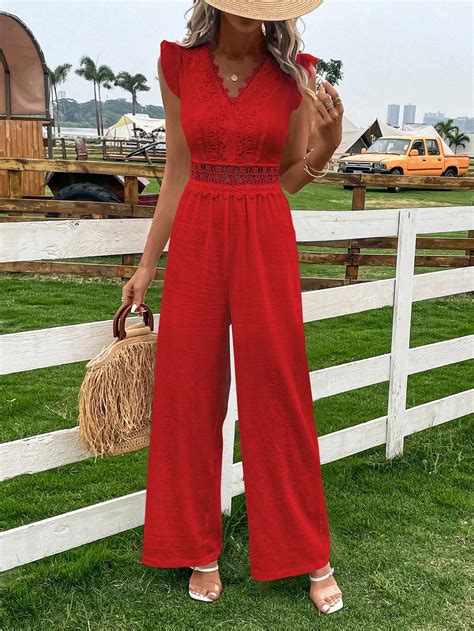Shein Vcay Swiss Dot Guipure Lace Insert Ruffle Trim Wide Leg Jumpsuit