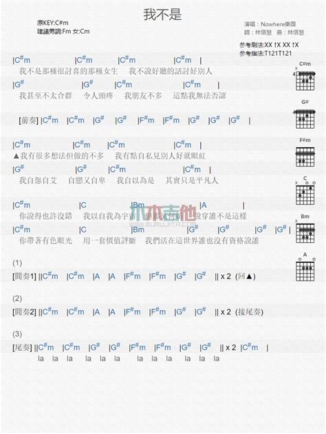 我不是吉他谱 Nowhere乐团 吉他弹唱谱 琴谱网