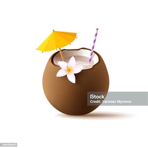 밀짚과 우산과 열대 꽃이 있는 3d 갈색 코코넛 칵테일 사실적인 렌더링 3d 그림 코코넛에 대한 스톡 벡터 아트 및 기타 이미지 코코넛 칵테일 우산 Istock