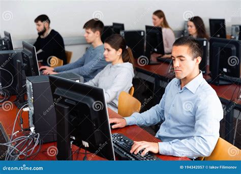 Computer Lessons For Adults In Classroom Stock Image Image Of