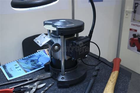 Modern Sharpening Machine Made By Kaindl Set On A Work Table Industrial Exhibition Kyiv