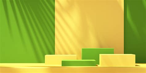 녹색과 노란색 배경에 나무 그림자 여름 배경 3d 렌더링 일러스트레이션이 있는 제품 연단 모형 디스플레이 0명에 대한 스톡 사진 및 기타 이미지 Istock