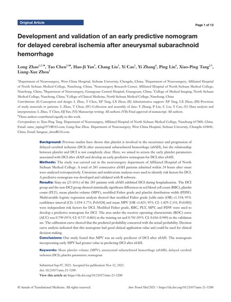 Pdf Development And Validation Of An Early Predictive Nomogram For Delayed Cerebral Ischemia
