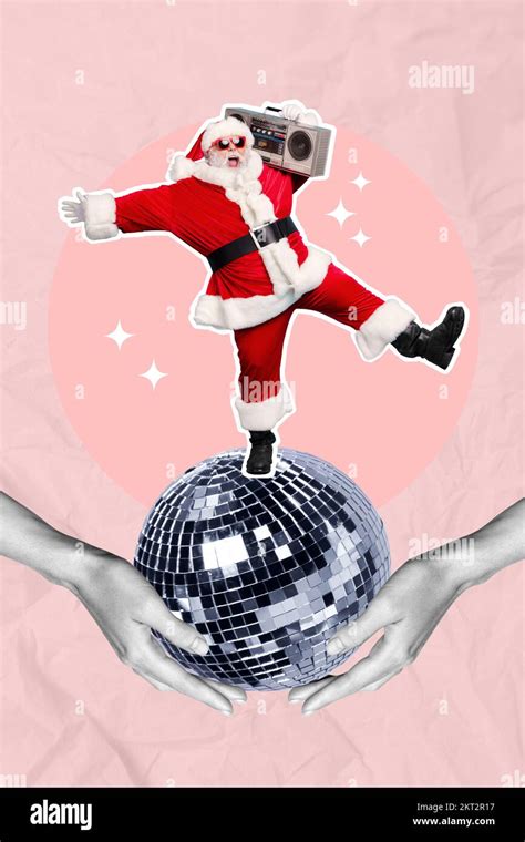 Christmas Invitation Collage Of Funky Santa Claus Dancing Rock Disco
