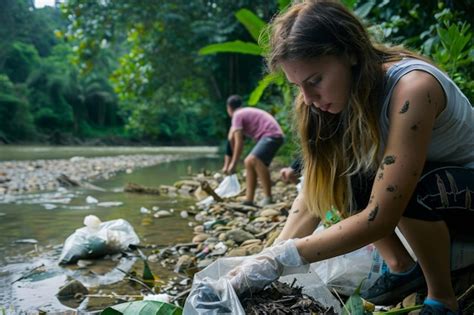 Two Women Cleaning Up Garbage Along Riverbank Premium Ai Generated Image