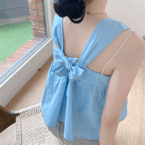 휴양지룩여리bl๑•᎑•๑ 데님 리본 민소매 연청 진청 나시 프릴 청청 여름블라우스 에이블리
