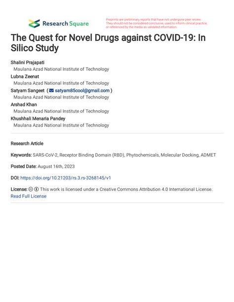 Pdf The Quest For Novel Drugs Against Covid 19 In Silico Study