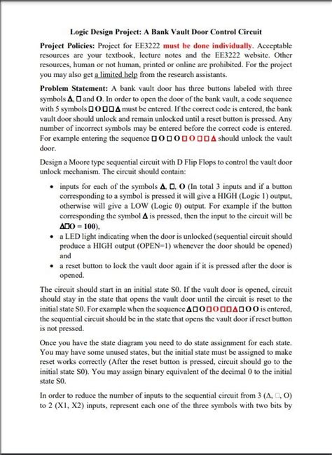 Solved Logic Design Project A Bank Vault Door Control