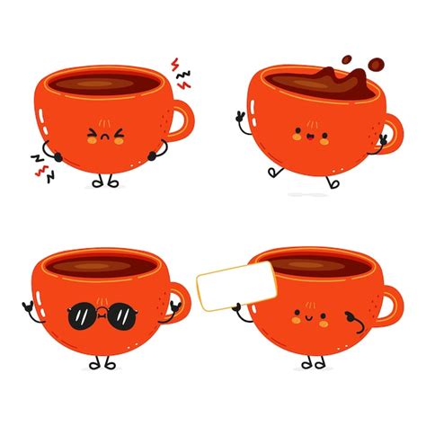 Premium Vector Funny Cute Happy Cup Of Coffee Characters Bundle Set