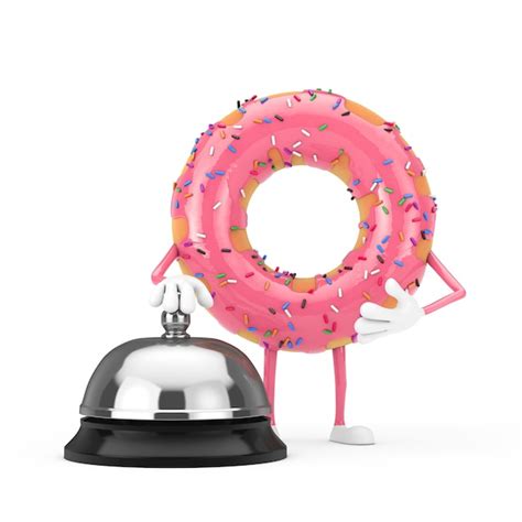 Premium Photo Big Strawberry Pink Glazed Donut Character Mascot With Hotel Service Bell Call