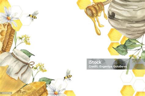 꿀 항아리 노란색 빗 및 조각 빗 수채화 배너 템플릿으로 장식 된 비행 꿀벌 유기농 식품점 라벨 로고 포장 디자인을 위한 복사 공간이 있는 격리된 프레임 0명에 대한 스톡