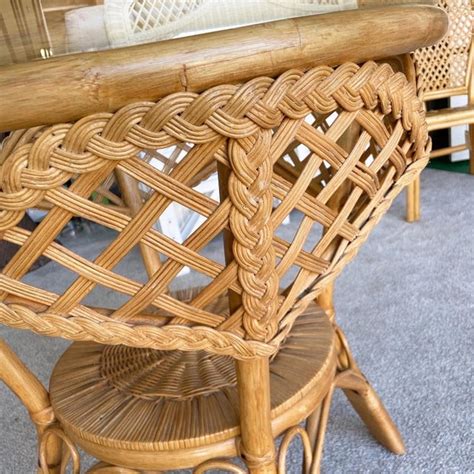 1980s Boho Chic Rattan And Woven Wicker Circular Glass Top Dining Table