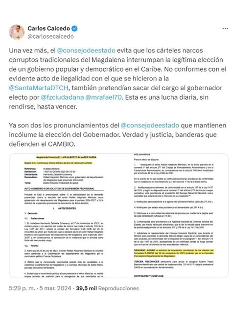 Carlos Caicedo Se Quedó Sin Partido Político Consejo De Estado Tumbó