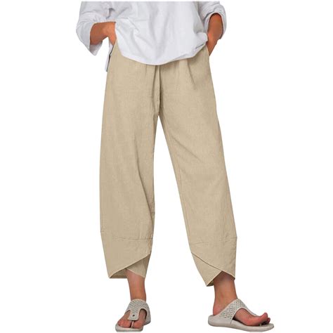 Owordtank Womens Cotton Linen Capri Pants Casual Cropped Baggy