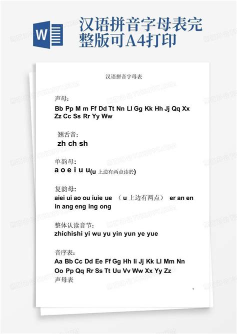 汉语拼音字母表 完整版 可a4打印word模板下载 编号qynbbnza 熊猫办公