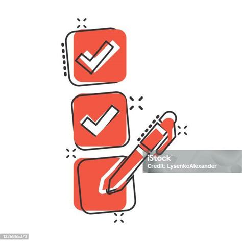 만화 스타일의 체크리스트 문서 아이콘입니다 흰색 고립 된 배경에 조사 만화 벡터 그림 체크 마크 선택 스플래시 효과 비즈니스 개념 건강 진단에 대한 스톡 벡터 아트 및 기타