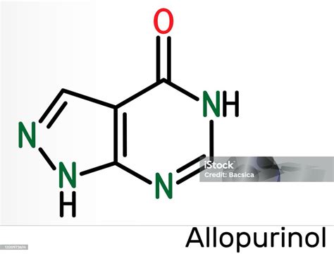 알로푸리놀 분자 약물은 높은 혈액 요산 수준을 감소하는 데 사용되는 Xanthine 산화 효소 억제제입니다 골격 화학 포뮬러 0