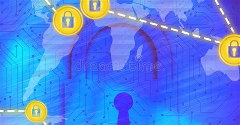 Composition Of Network Of Security Padlock Icons Over World Map Computer Circuit Board Stock