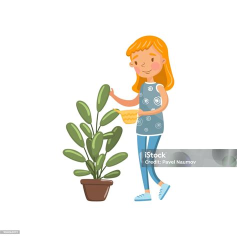 물을 수 가사 활동 만화 벡터 일러스트 레이 션에에서 주부와 그녀의 화분에 심는 식물을 급수 하는 캐주얼 의류에 젊은 여자