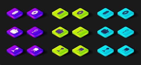 아케이드 머신용 조이스틱 이젤 페인팅 아트 보드 쿠킹 팟 키친 휘저기 미식 축구 공 및 스풀 아이콘에 바느질 실을 설정합니다 벡터 3차원 형태에 대한 스톡 벡터 아트 및