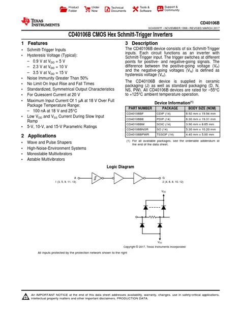 Cd40106be Datasheet Pdf Cmos Hex Schmitt Trigger Inverters Download
