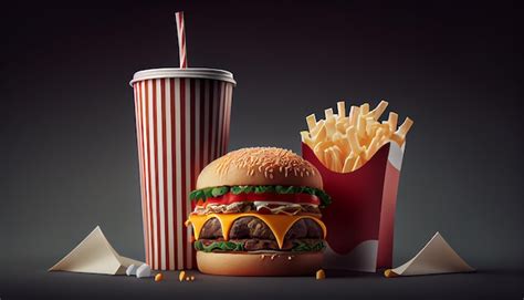 Fast food refeição hambúrguer batatas fritas bebida generativa AI Foto Grátis