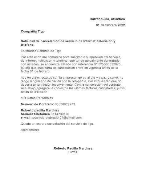 Carta De Retiro De Servicio De Tigo Pdf